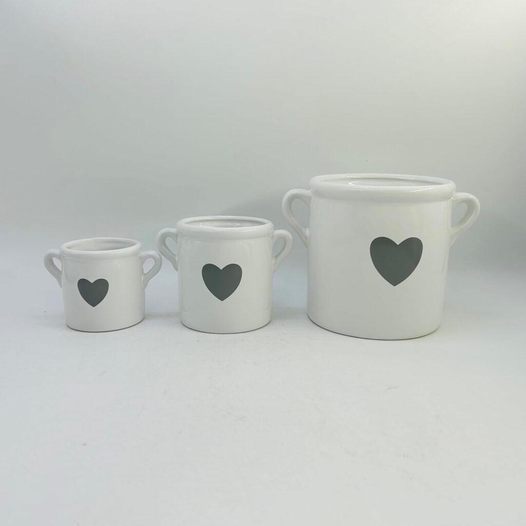 White Heart Ceramic Plant Pot with Ears Handles ideal for Indoors
