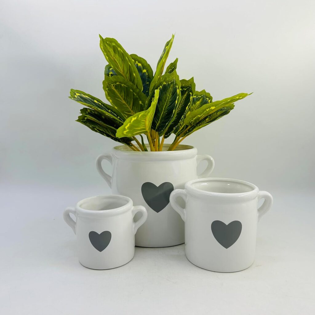 White Heart Ceramic Plant Pot with Ears Handles ideal for Indoors