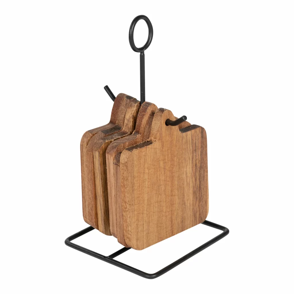EagleWiz Acacia Coasters With a Black Metal Stand, Set Of 6 | EagleWiz